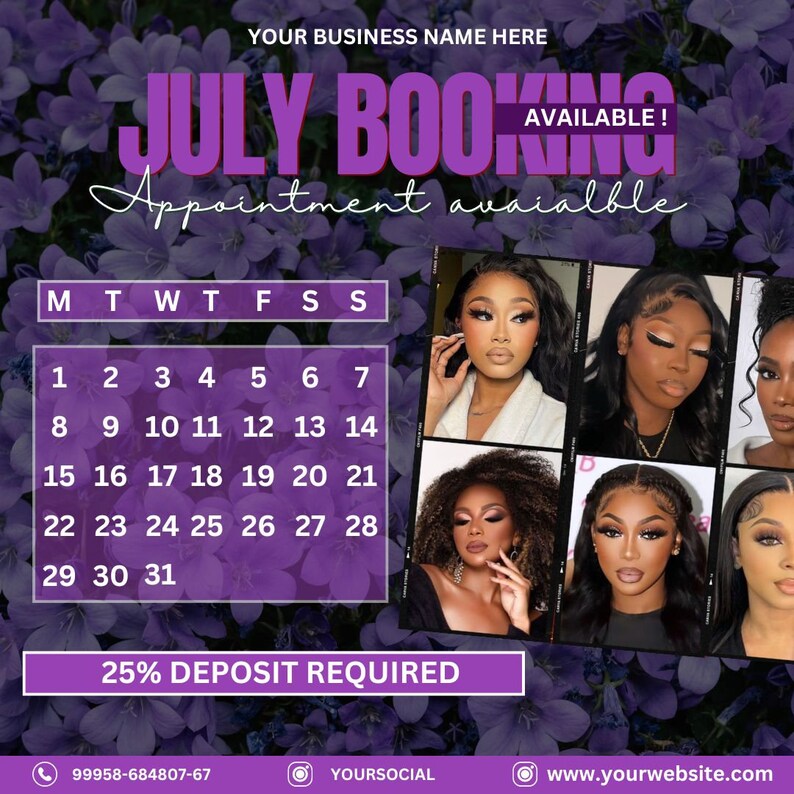 July Availability Calendar, July Bookings Hair Braid Makeup, DIY Summer ...