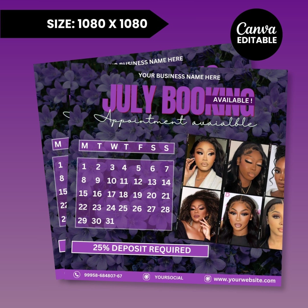 July Availability Calendar, July Bookings Hair Braid Makeup, DIY Summer ...