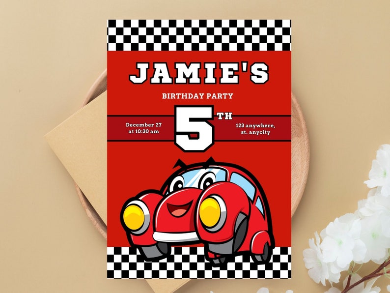 Red Race Car Birthday Party Invitation Favor Tag Digital Template, Kids ...