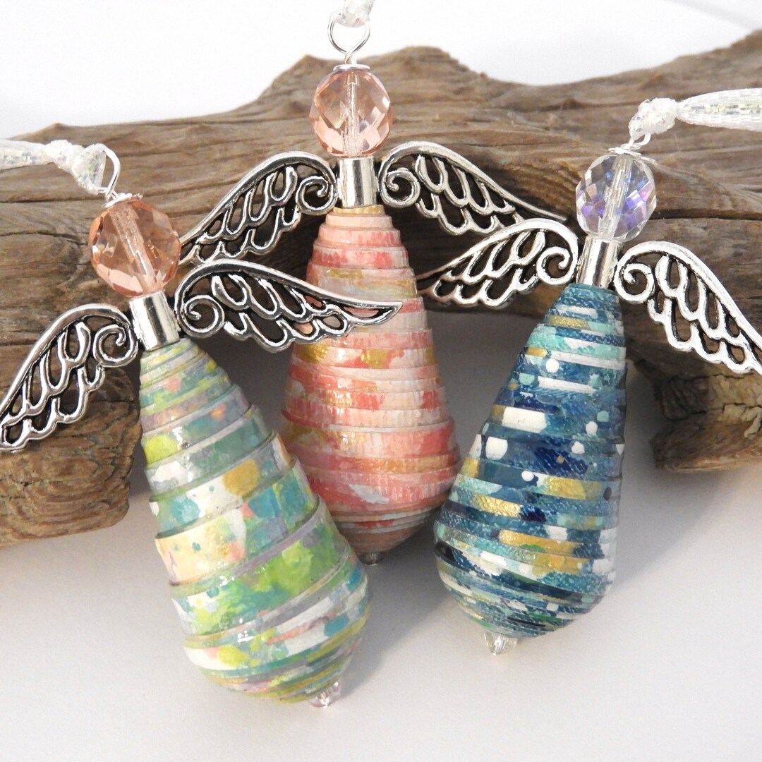 Custom Memorial Angel Ornament Set: Upcycled Paper Bead Remembrance ...
