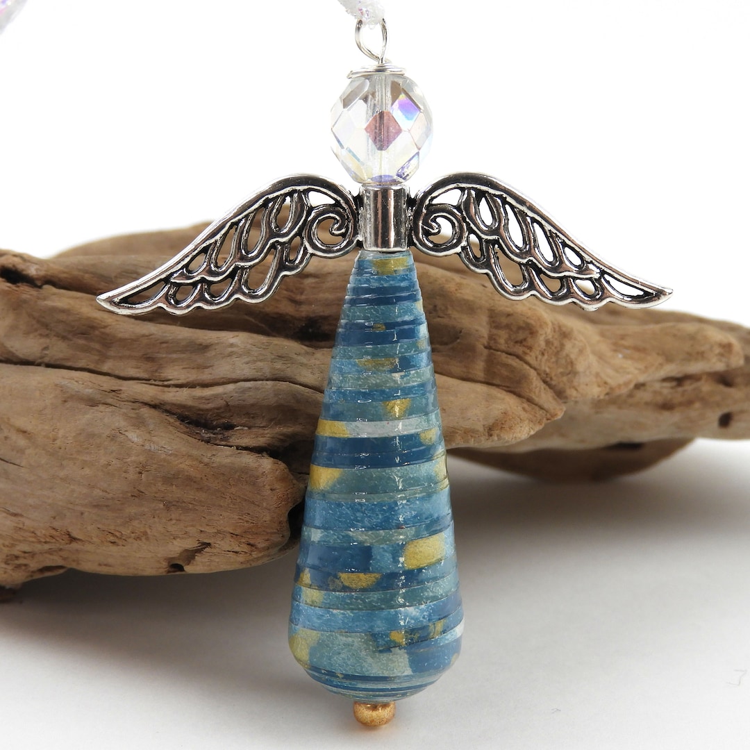 Hand-painted Angel Ornament: Blue Teal Gold Paper Bead Christmas Decor ...