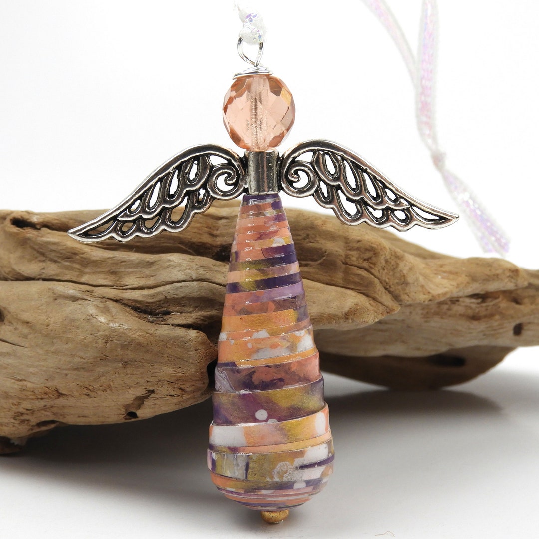 Upcycled Angel Ornament: Coral Purple Paper Bead Christmas Decor - Etsy