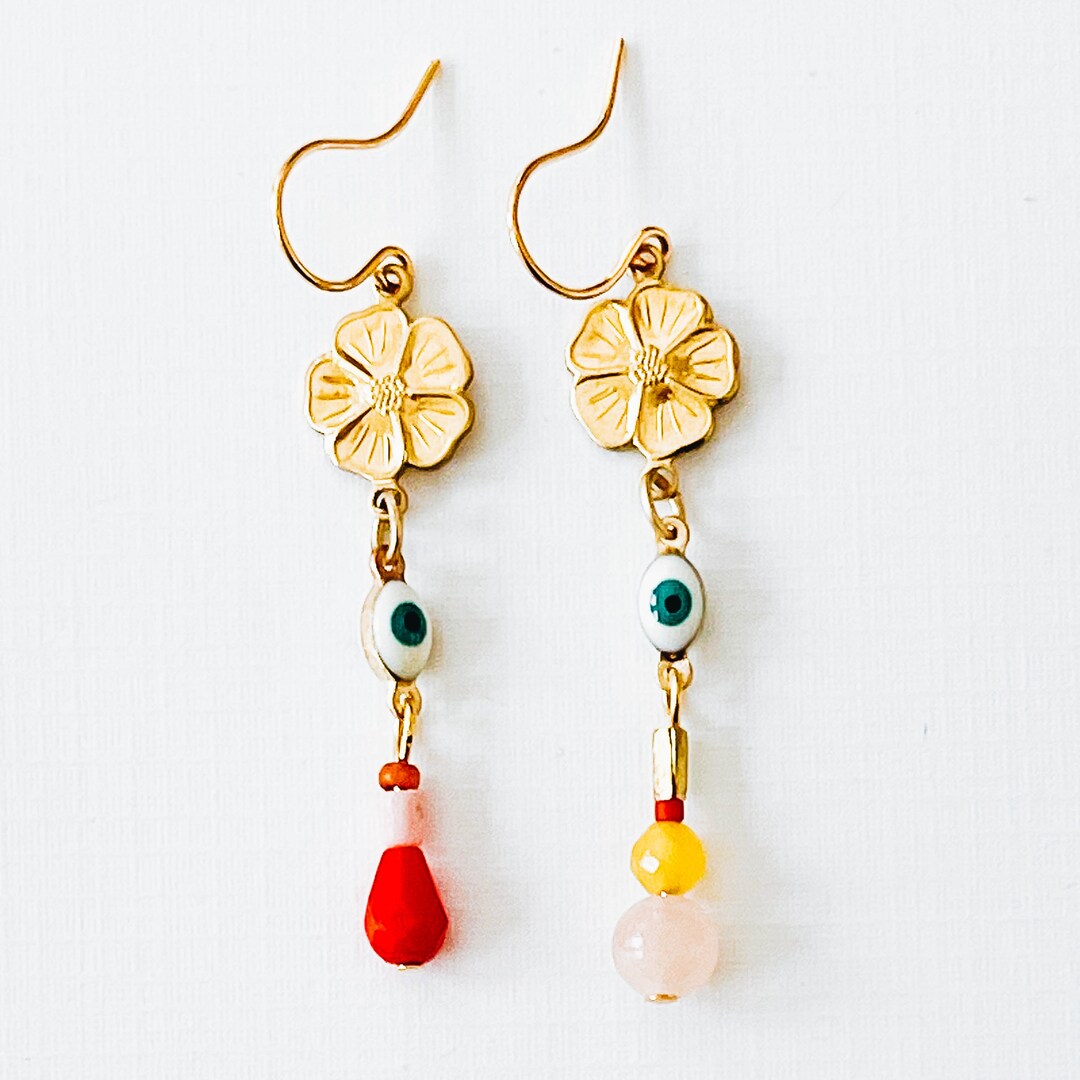 Evil Eye Drop Earrings, Mismatched Flower Earrings ,evil Eye Earrings ...