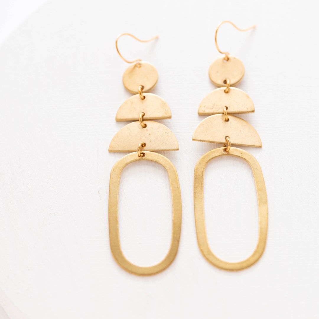 Geometric Statement Earrings, Big Brass Earrings, Long Minimalist ...