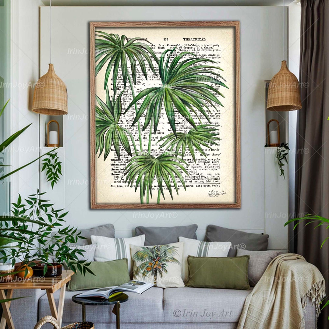 Green Palm Leaf Wall Art Antique Botanical Canvas Dictionary Art Palm ...