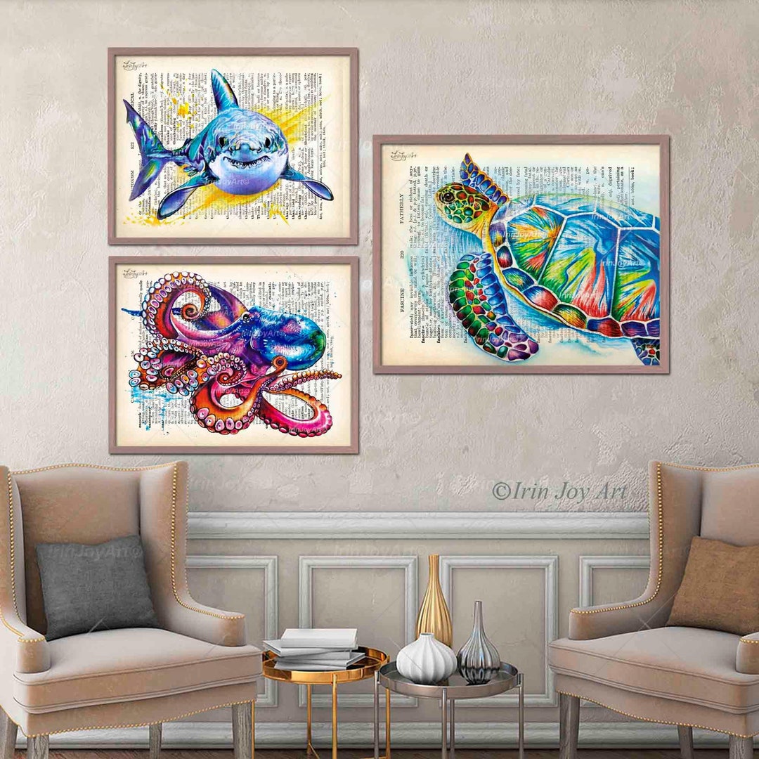 Set 3 Wall Art Prints Sea Ocean Creatures Mammals Marine Animals ...
