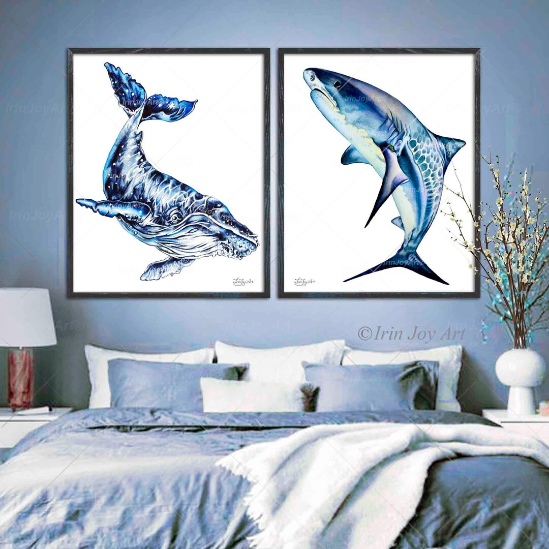Shark Poster, Humpback Whale Print, Blue Shark Print, Set of 2 Wall Art ...
