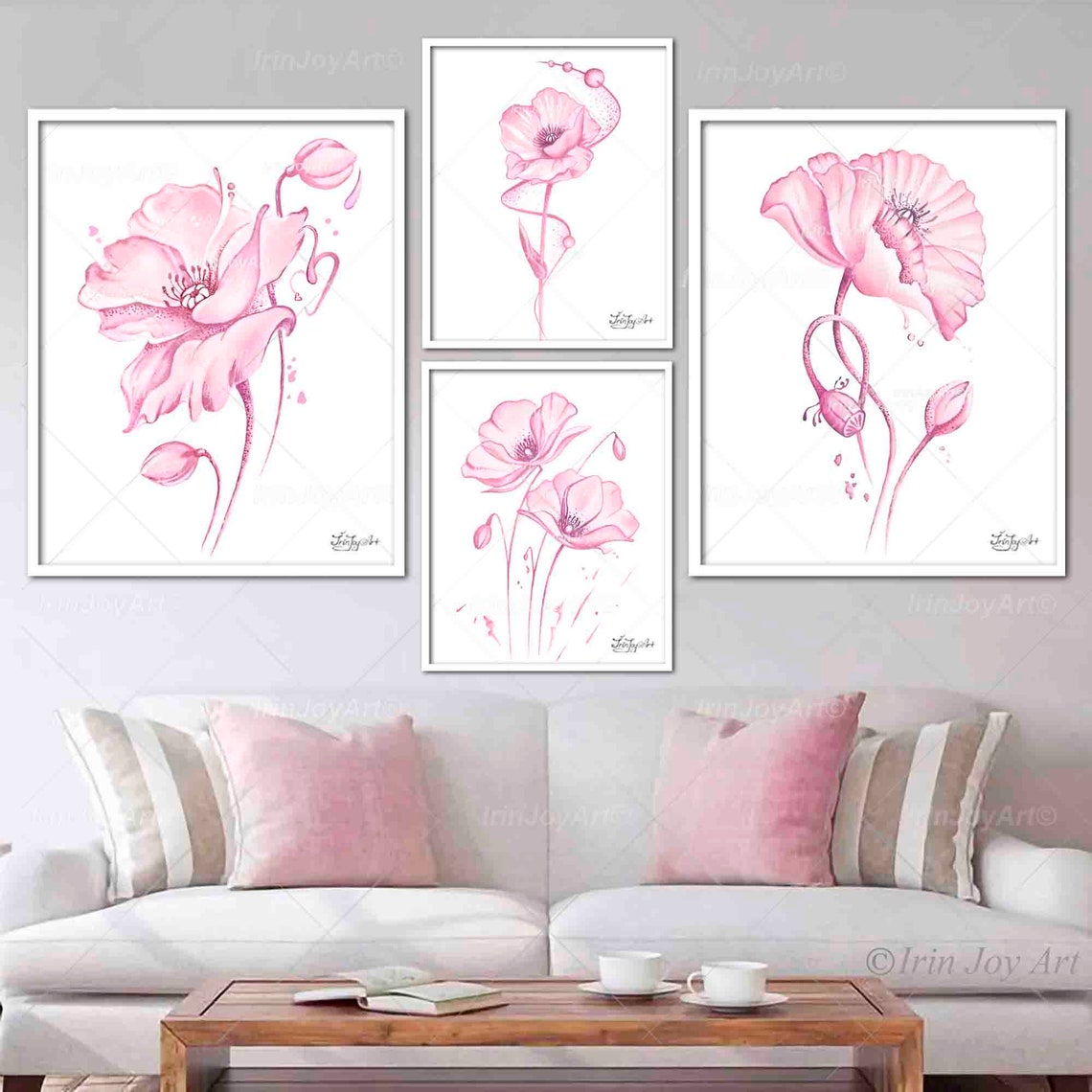 Floral Pink Wall Art Pink Room Decor Shabby Flower Watercolor Painting ...
