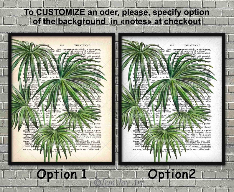 Green Palm Leaf Wall Art Antique Botanical Canvas Dictionary Art Palm ...