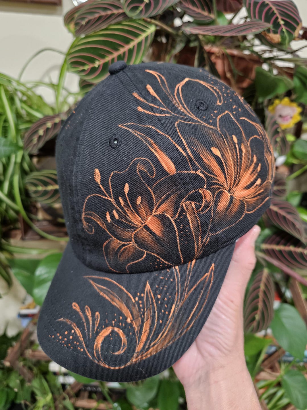 One of a Kind Bleach Handpainted Lily Flower Butterfly Hat Baseball Cap ...