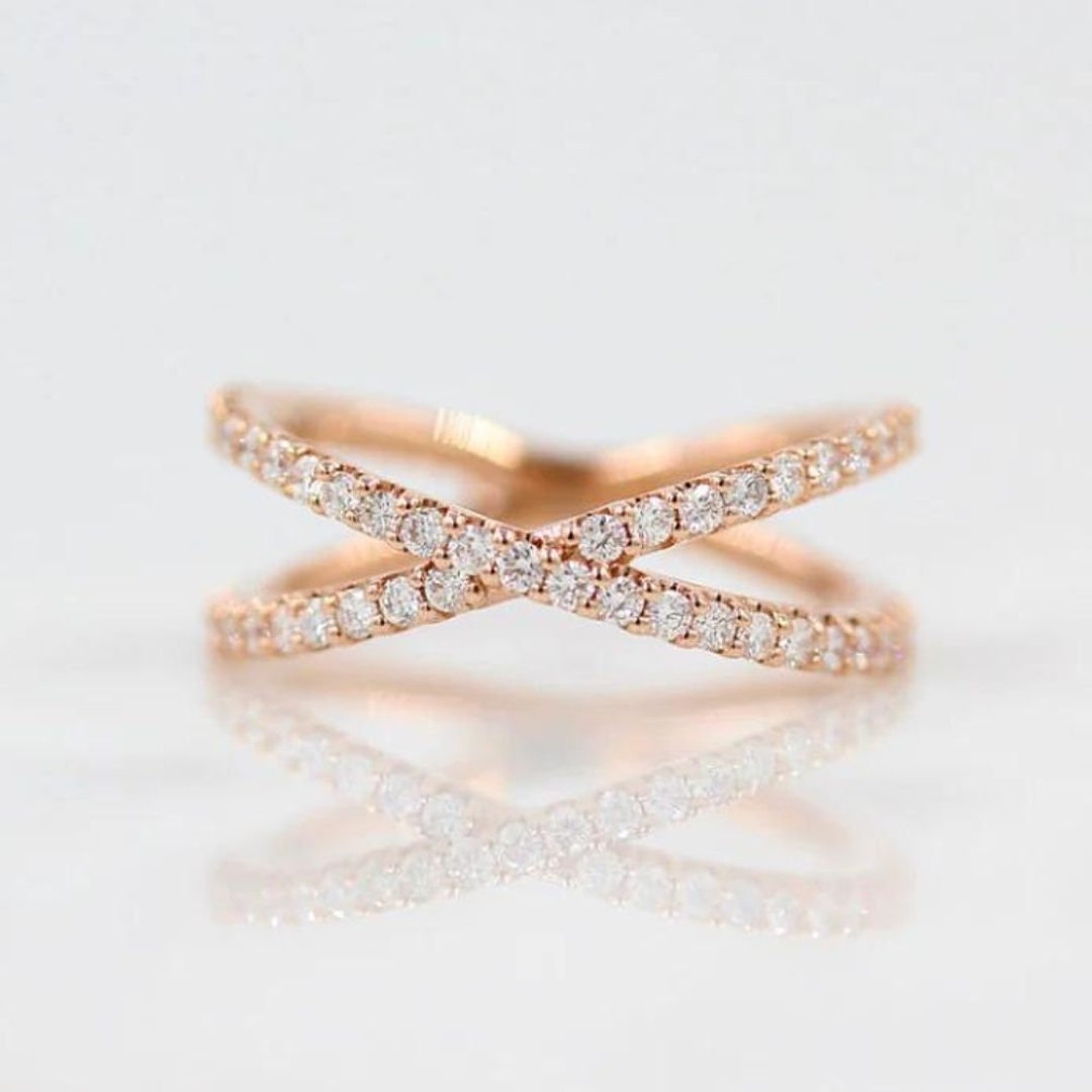 Round Cut Colorless Lab Grown Diamond Wedding Band, Cross X Style Half ...