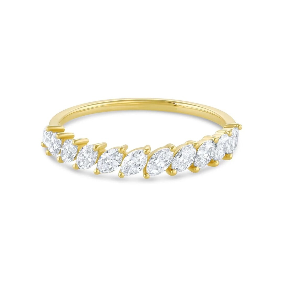 Bar Set Diamond Ring, Marquise Cut Lab Grown Diamond Wedding Band, Half ...