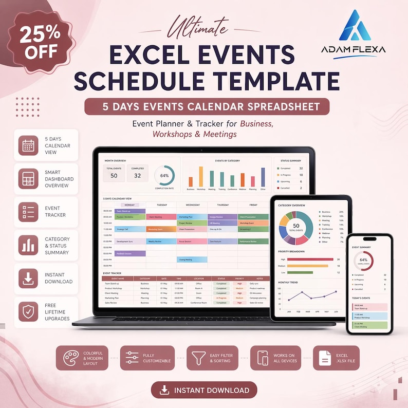 Excel Events Schedule Template | Five Days Events Calendar Spreadsheet ...