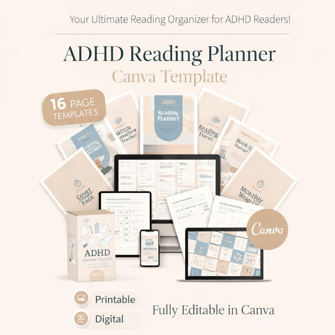 ADHD Reading Planner Canva Template | Book Tracker, Reading Log ...