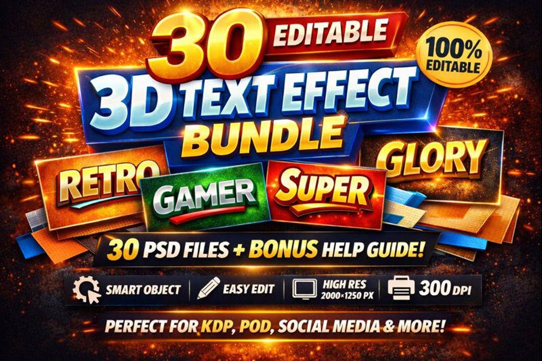 30 Editable 3D Text Effect Bundle | PSD Smart Object Text Styles | High ...