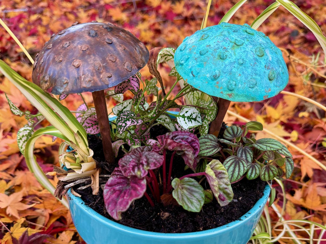 Copper Mushroom Garden Art | Handmade Yard Decor Toadstool Sculpture With Patina - Etsy