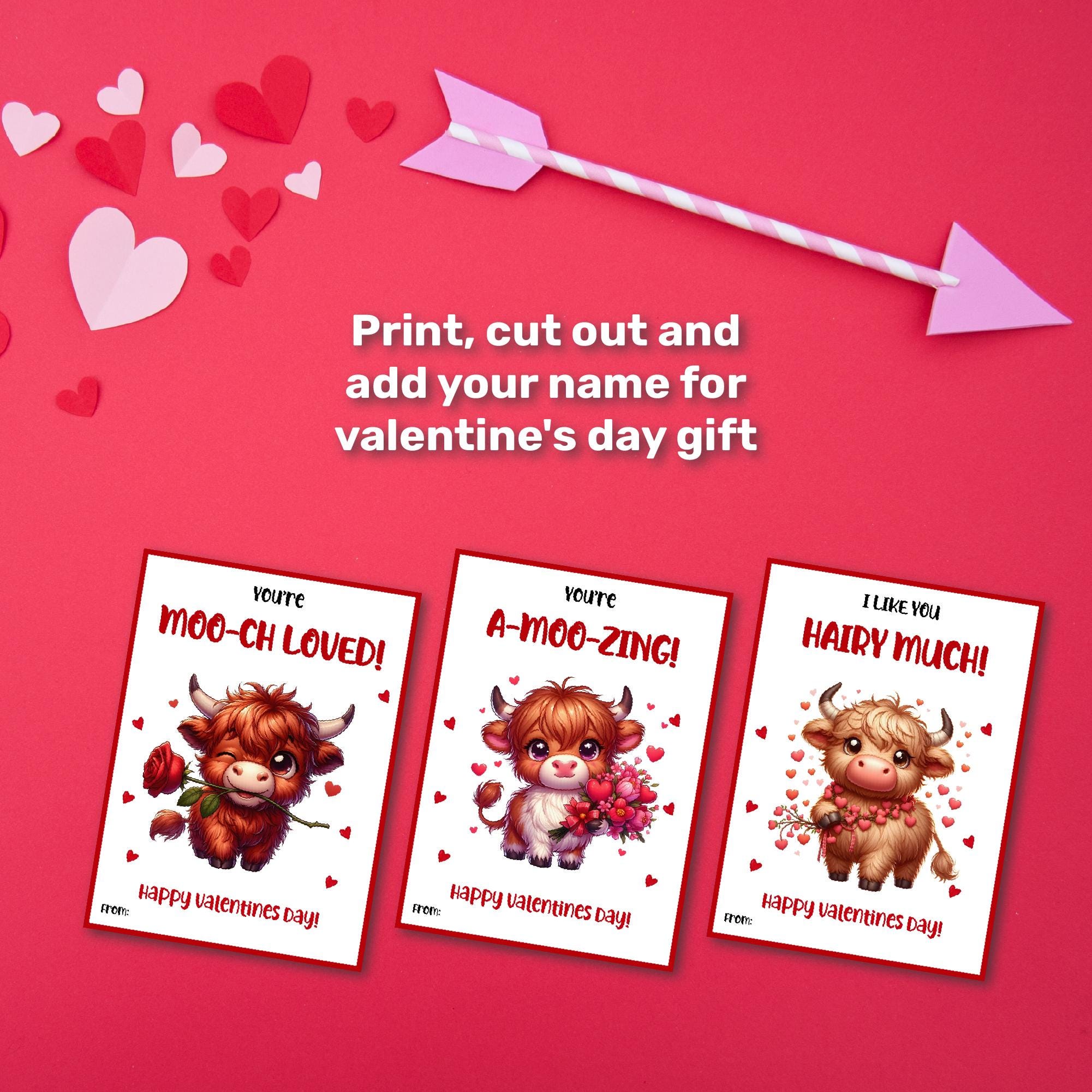 Highland Cow Valentine Cards, Printable Cow Valentines Day Cards, Kids ...