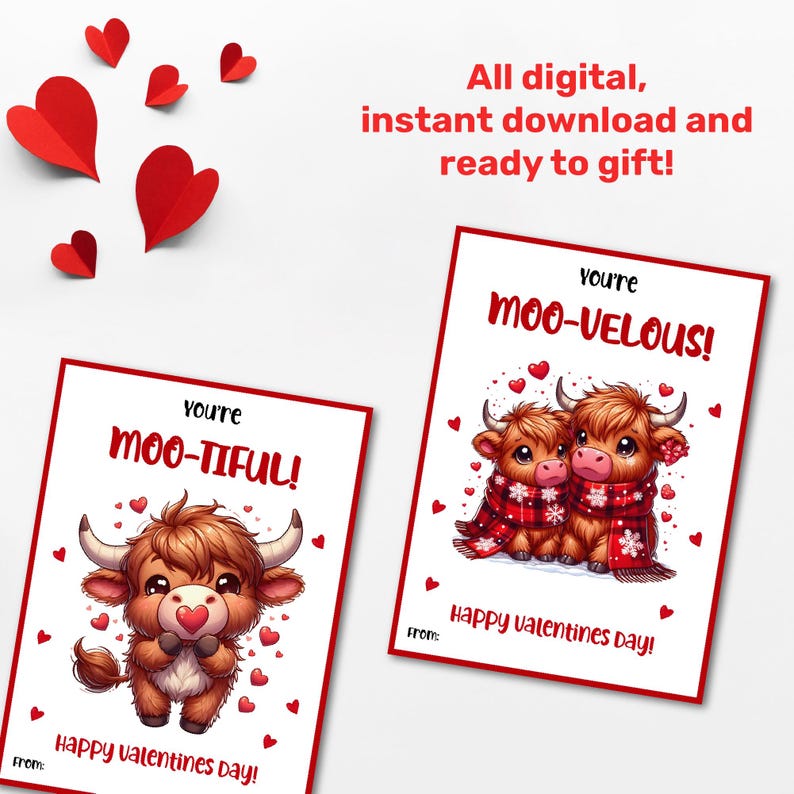 Highland Cow Valentine Cards, Printable Cow Valentines Day Cards, Kids ...
