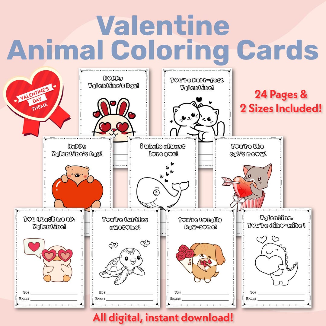 Animal Valentine Coloring Cards, Printable Kids Valentines Cards ...