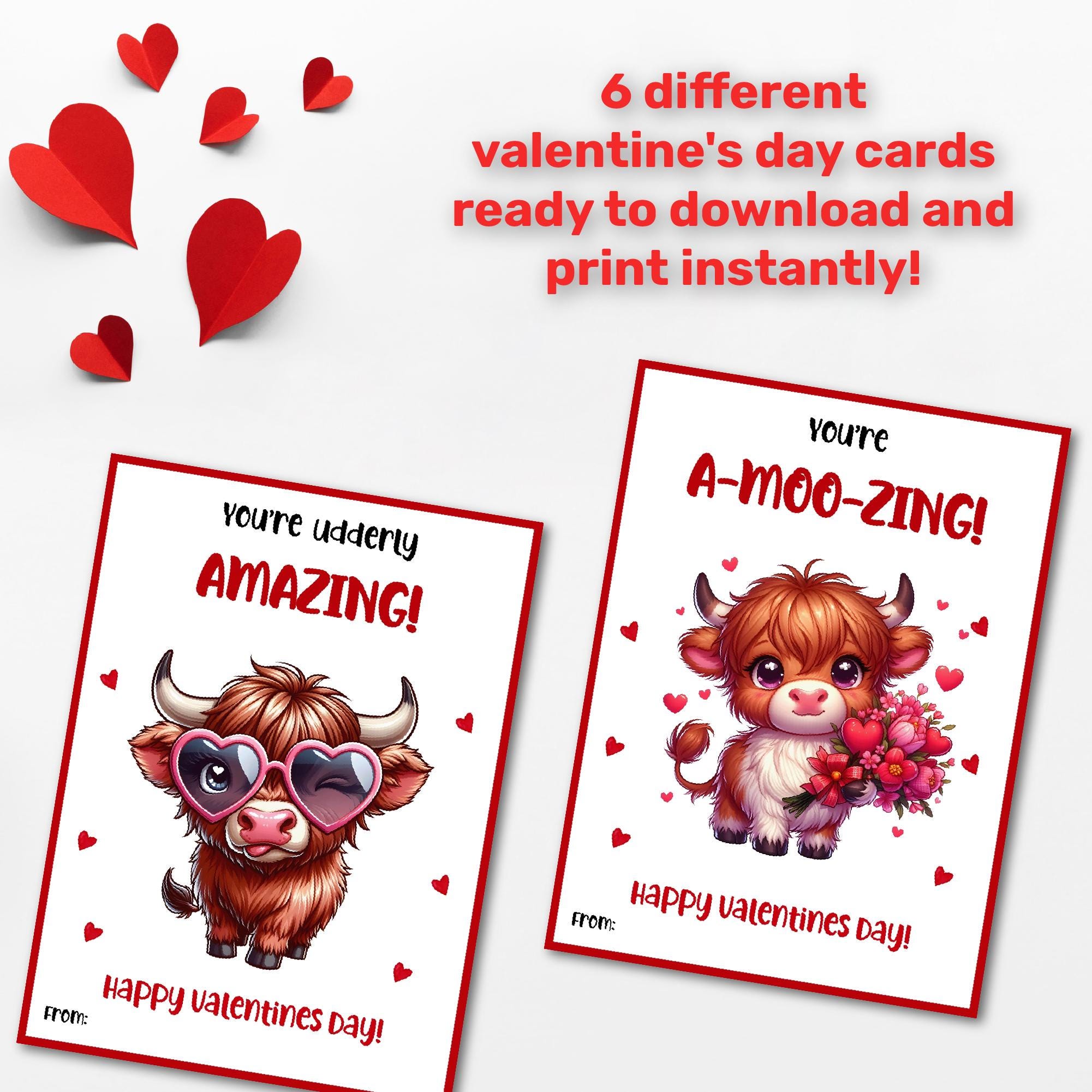Highland Cow Valentine Cards, Printable Cow Valentines Day Cards, Kids ...