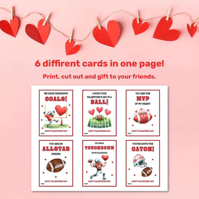 Football Valentine Cards, Printable Sports Valentines Day Cards, Kids ...