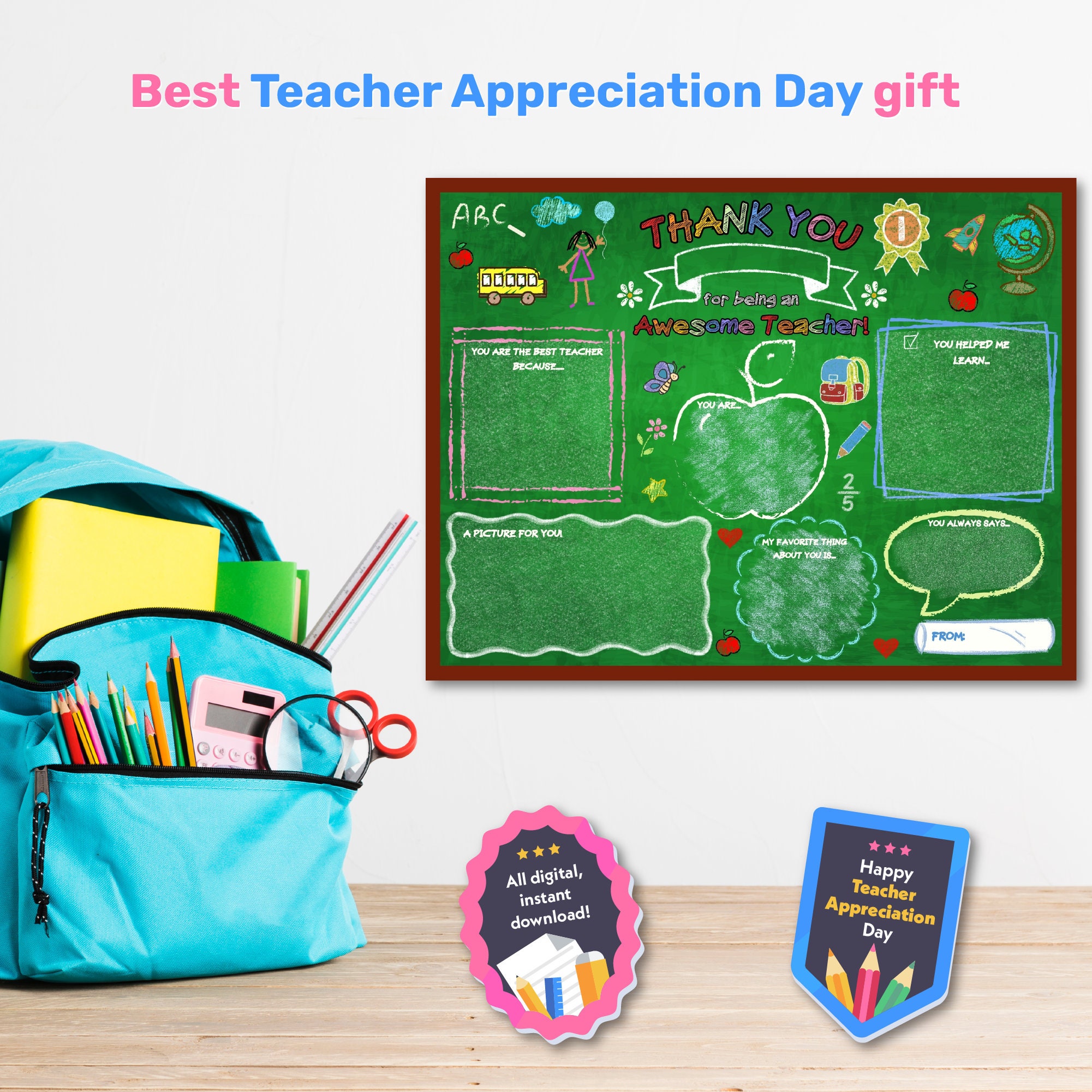 Teacher Appreciation Printable Gift Chalkboard Thank You Card Gift for ...