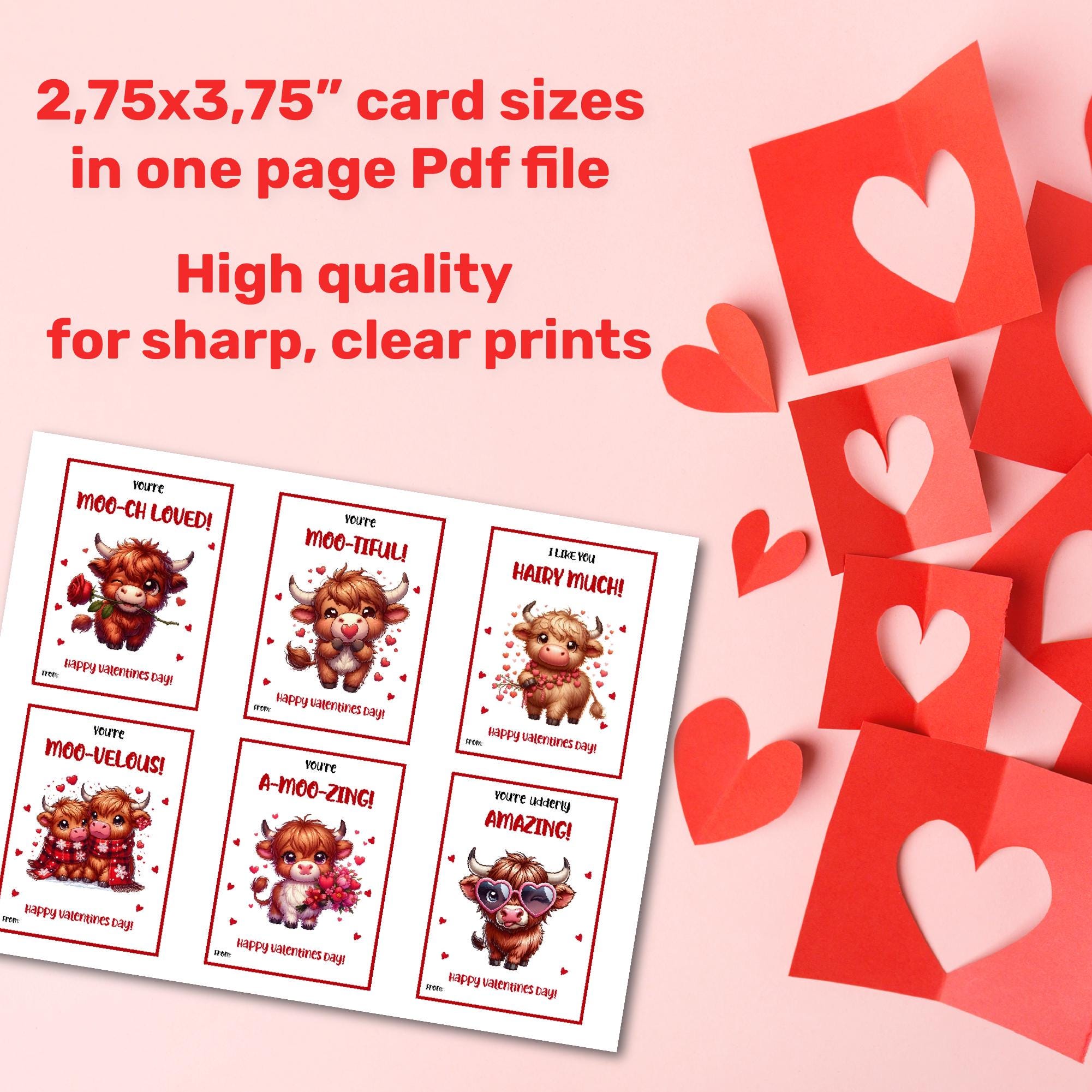 Highland Cow Valentine Cards, Printable Cow Valentines Day Cards, Kids ...