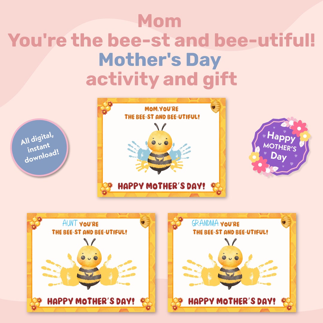 Mothers Day Bee Card Handprint Art Gift for Best Mom Preschool Art ...