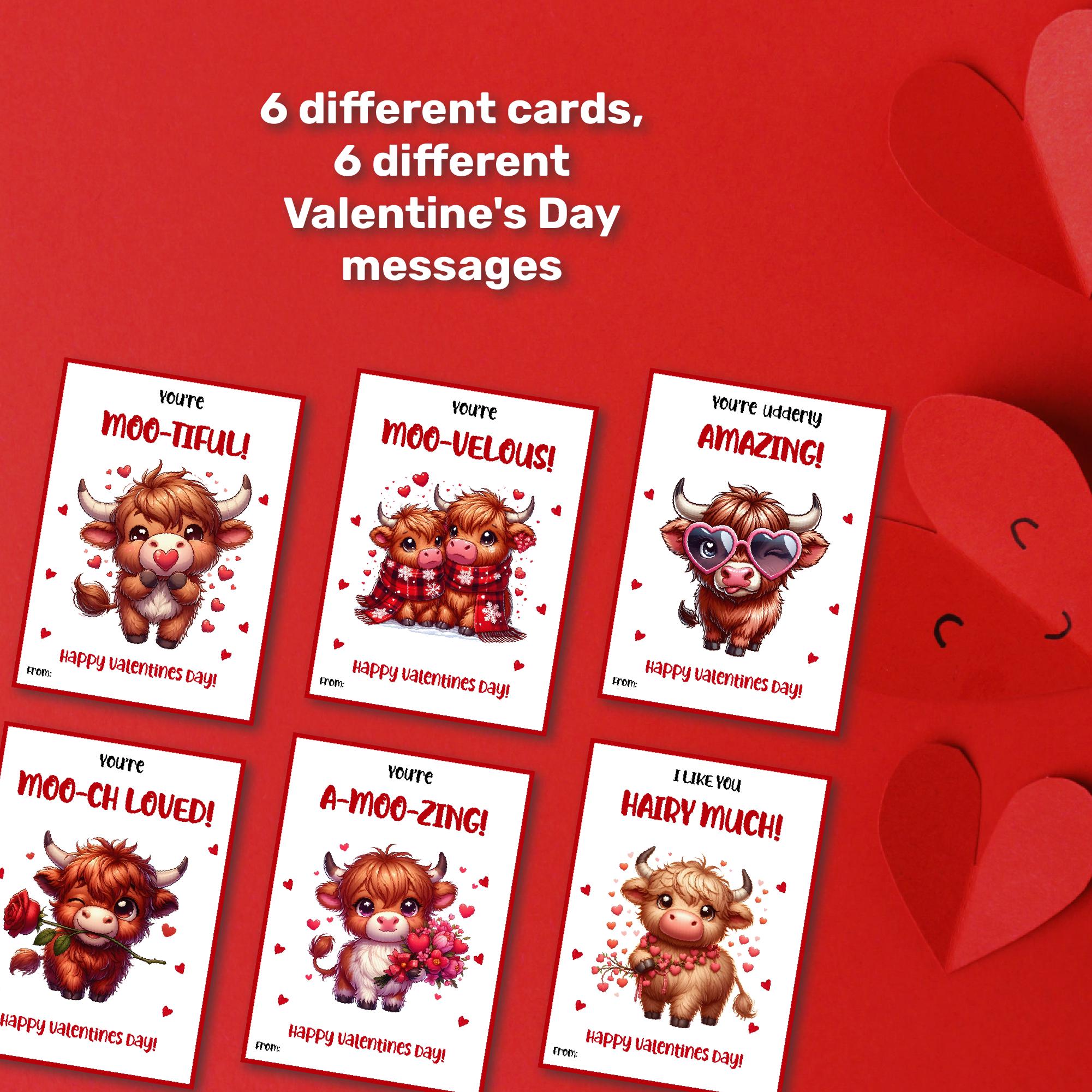 Highland Cow Valentine Cards, Printable Cow Valentines Day Cards, Kids ...