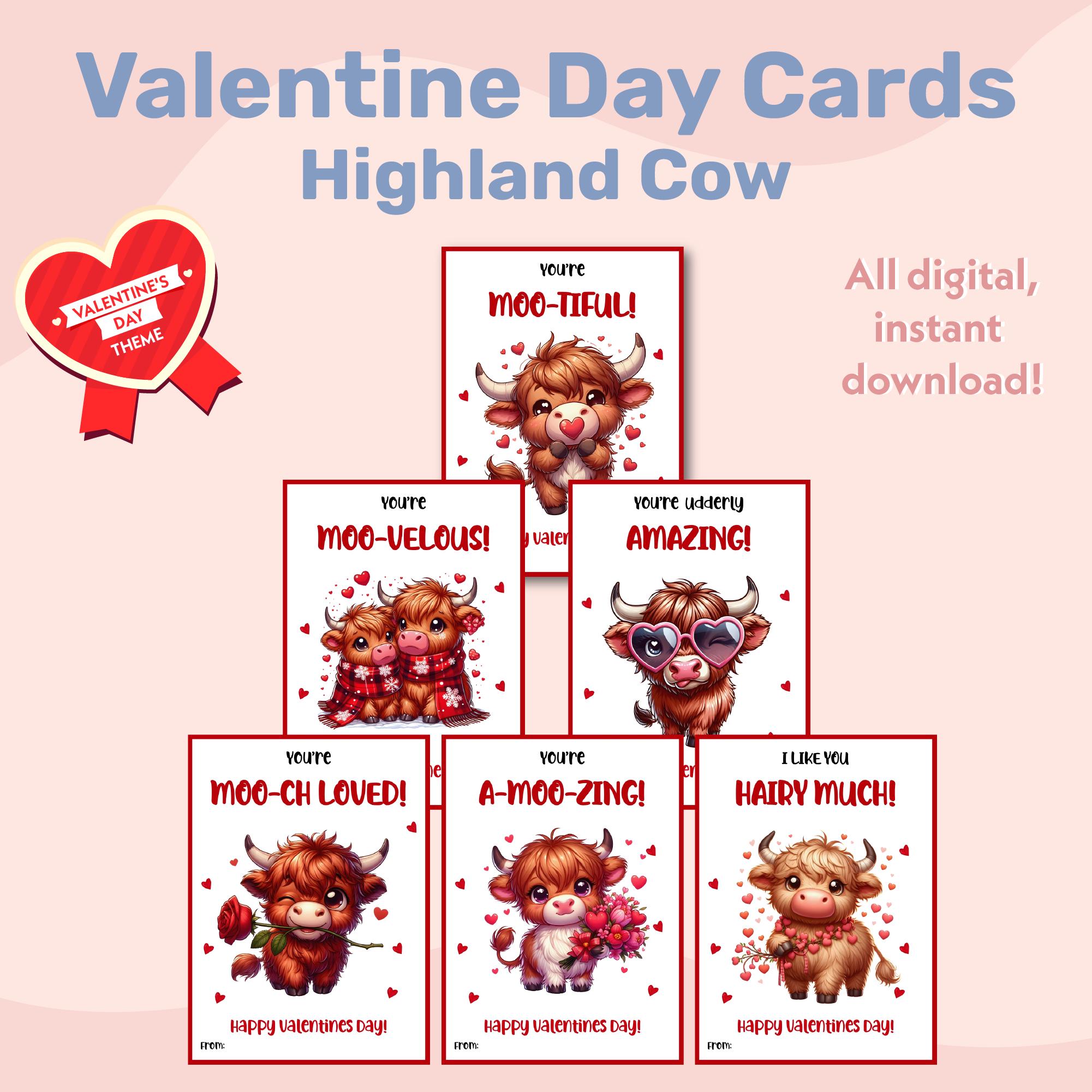 Highland Cow Valentine Cards, Printable Cow Valentines Day Cards, Kids ...