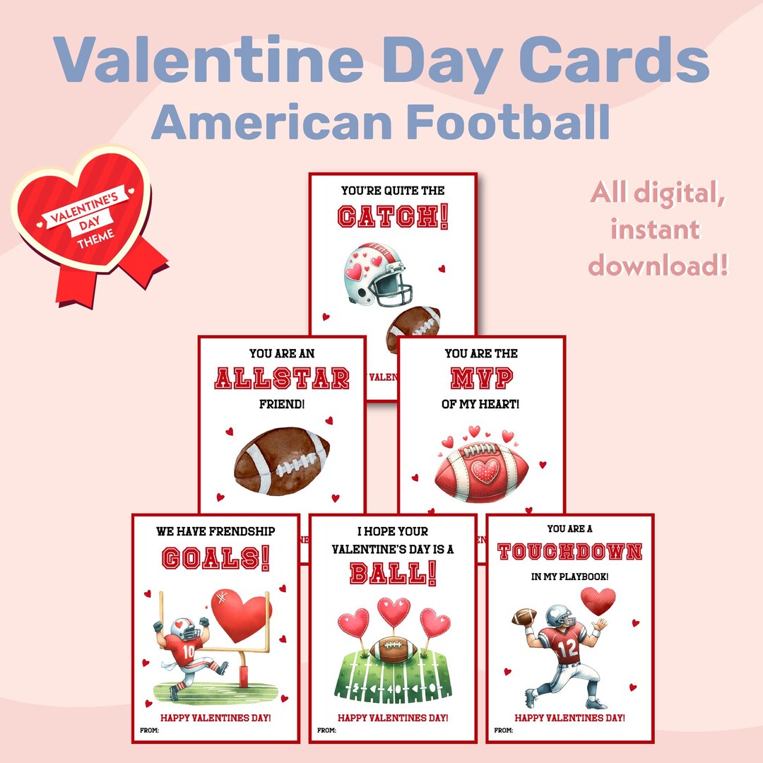 Football Valentine Cards, Printable Sports Valentines Day Cards, Kids ...