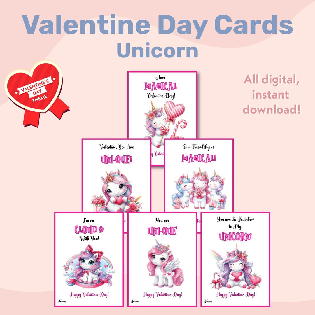 Unicorn Valentine Cards, Printable Magical Valentines Day Cards, Kids ...