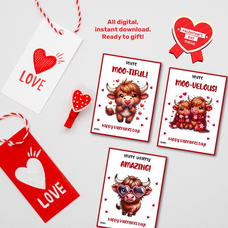 Highland Cow Valentine Cards, Printable Cow Valentines Day Cards, Kids ...