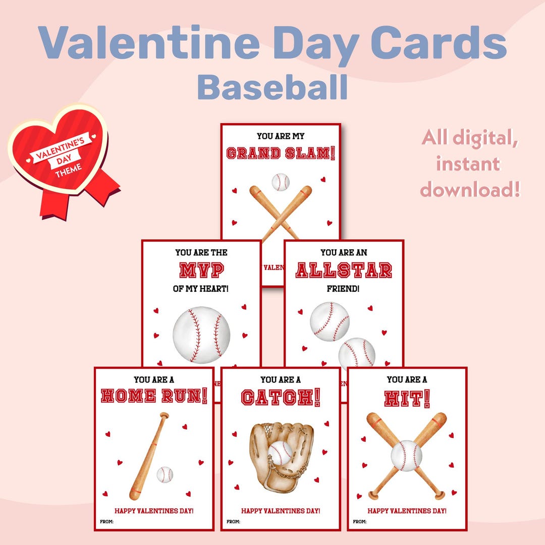 Baseball Valentine Cards, Printable Sports Valentines Day Cards, Kids ...