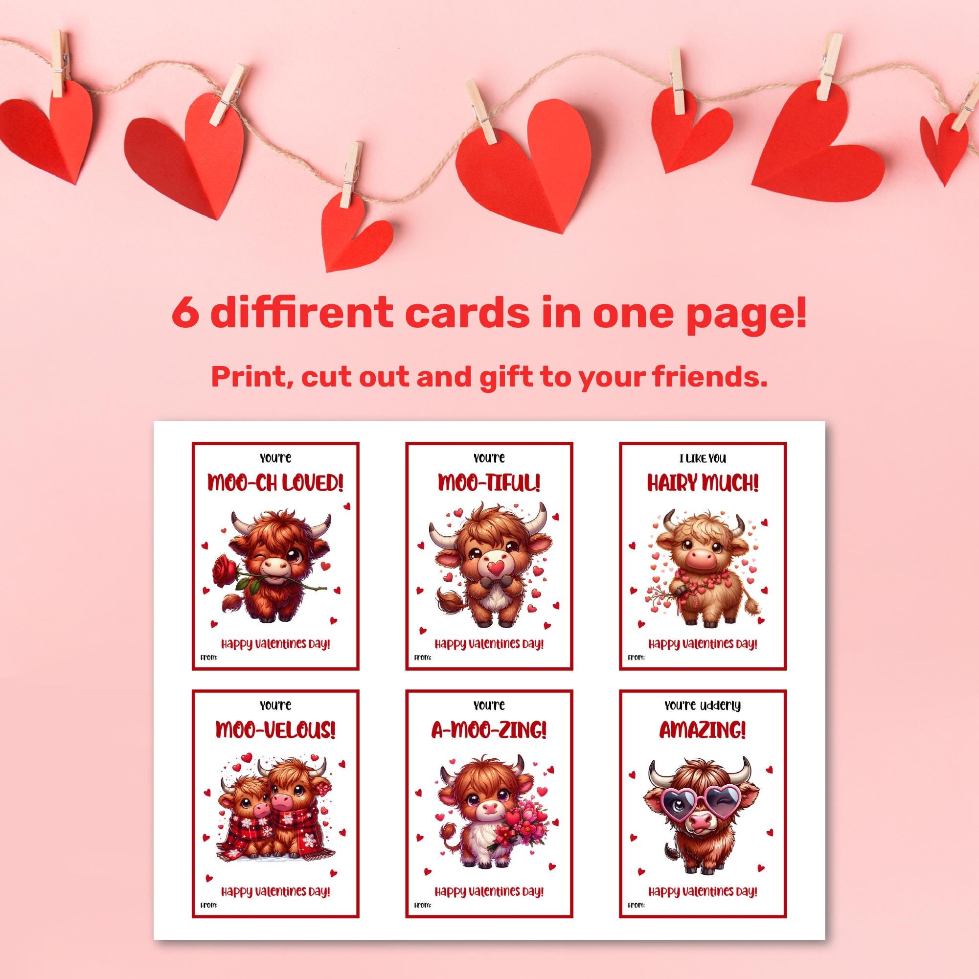 Highland Cow Valentine Cards, Printable Cow Valentines Day Cards, Kids ...