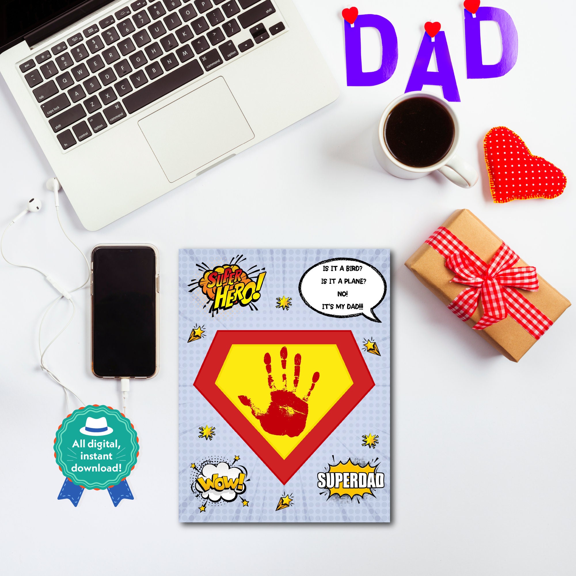 Super Hero Dad Handprint Art Happy Father's Day Card Keepsake Handprint ...