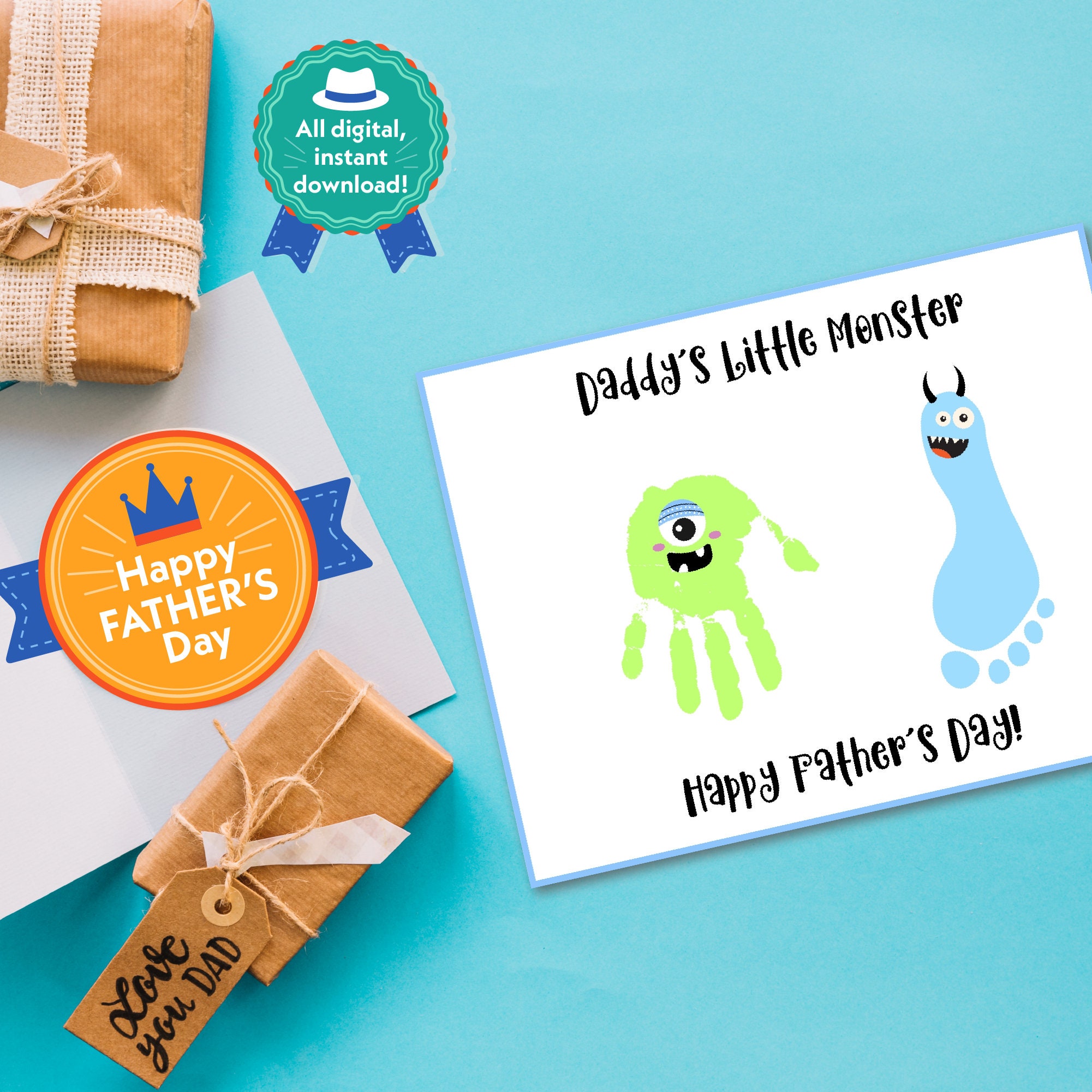 First Father's Day Daddys Little Monster Card Handprint Art New Dad ...
