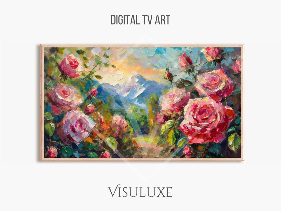 Rose Garden Frame TV Art Rose Garden Oil Painting Heavy Brushstrokes ...