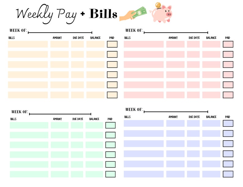 Weekly Paycheck W/ Bills - Etsy