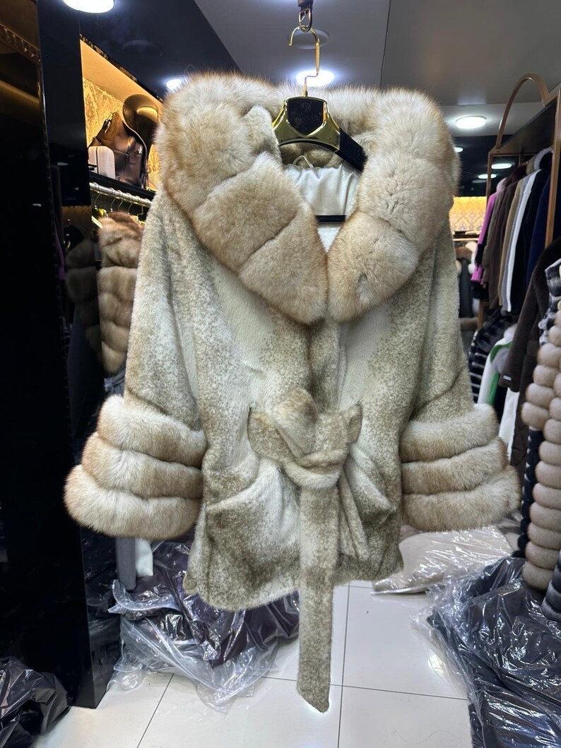 Handmade Mink Fur Hooded Coat and Genuine Fox Fur Collar – Mink-look ...