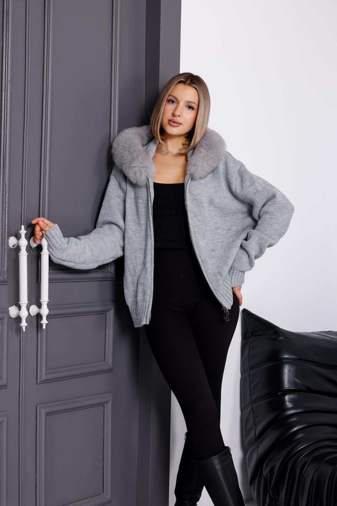 Wool Cardigan With Fox Fur Trim – Luxury Knitwear/ Cardigan in Maglia ...