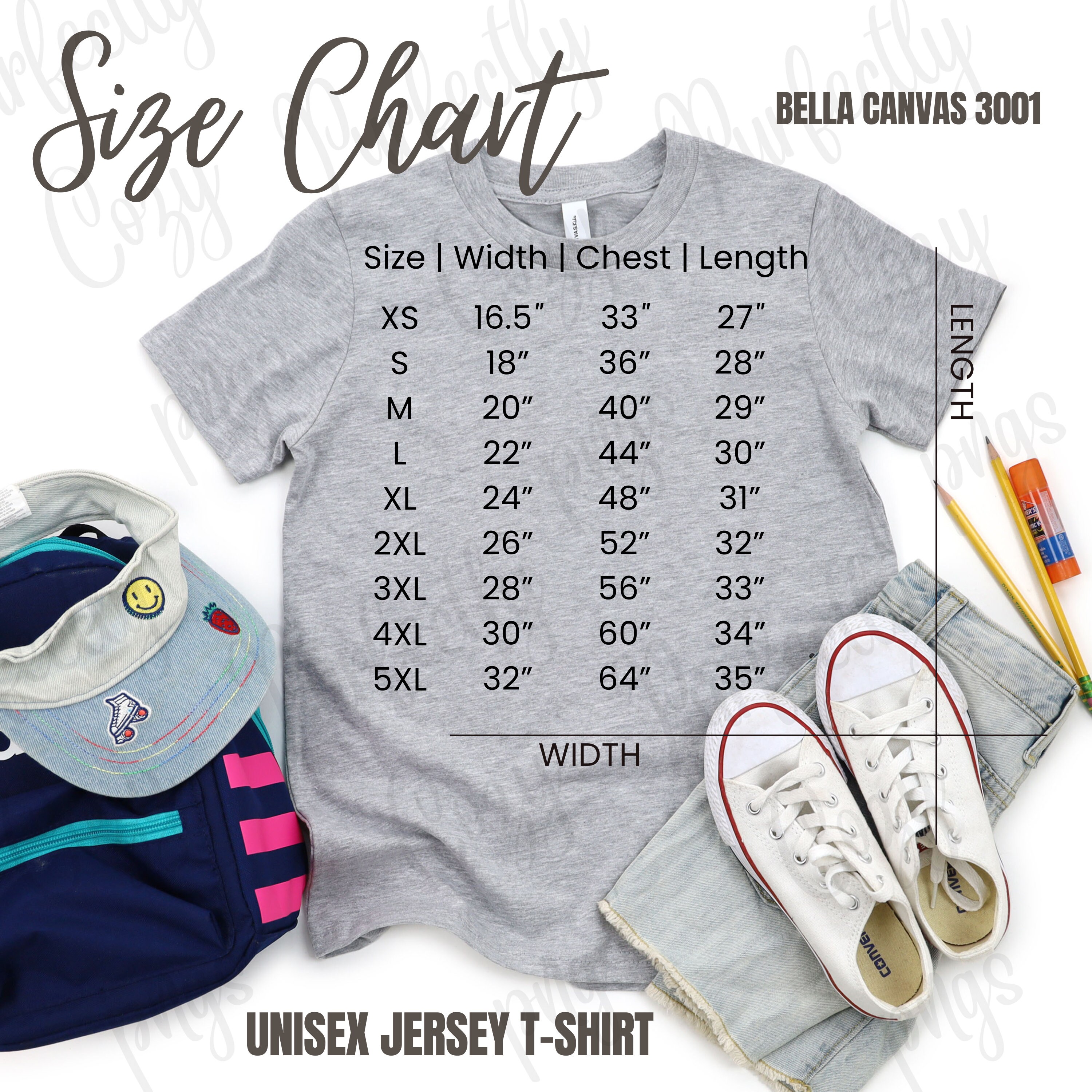 Shirt Mockup Size Chart, Bella Canvas Size Chart Mockup, 5 Colors ...