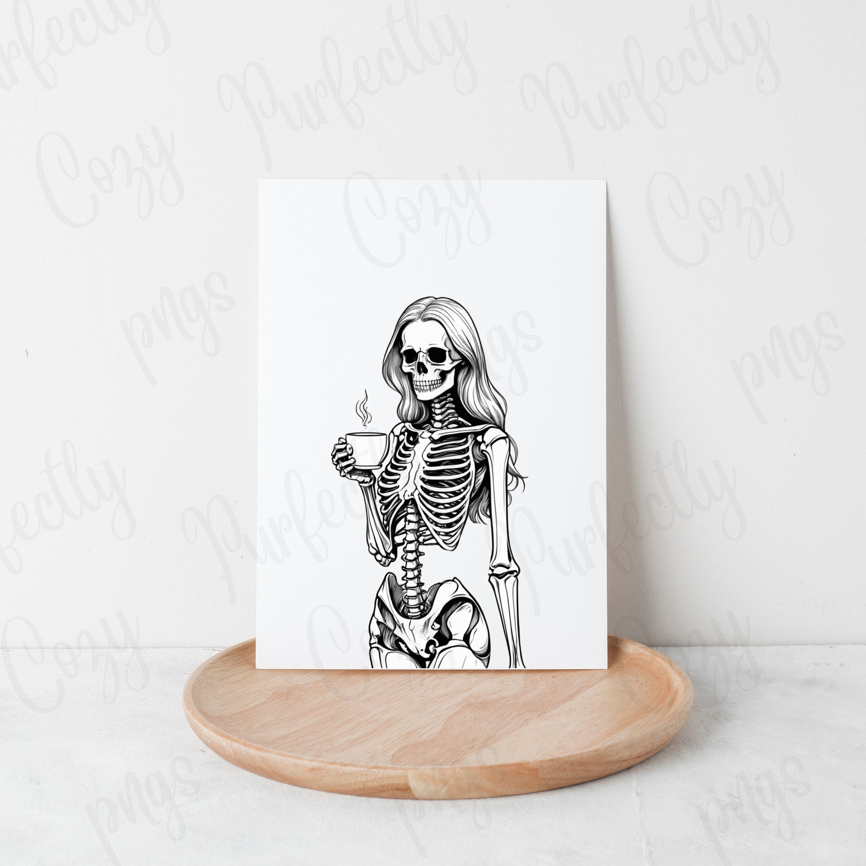 Skeleton Girl Png, Skeleton Coffee Png, Png Design, White and Black ...