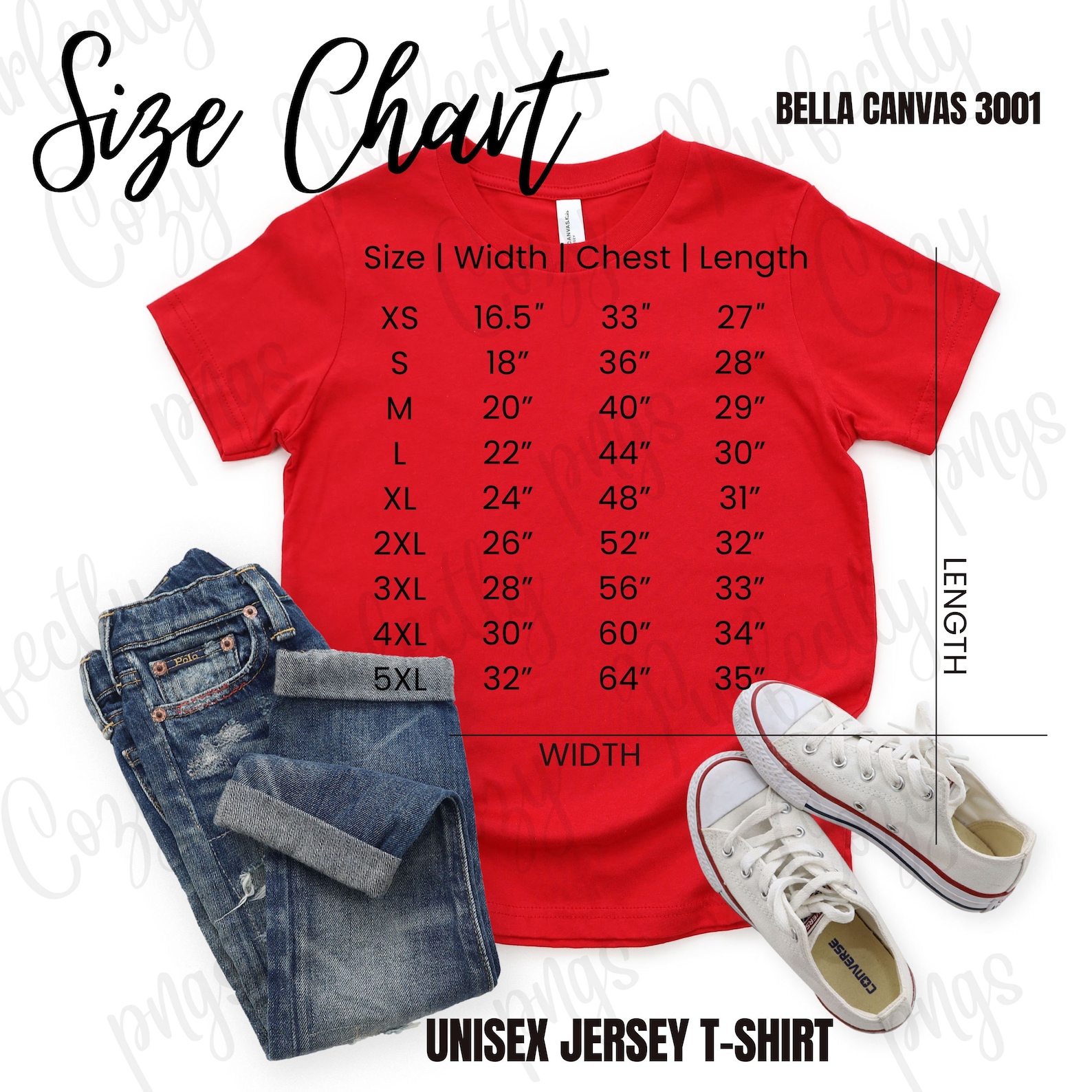 Shirt Mockup Size Chart, Bella Canvas Size Chart Mockup, 5 Colors ...