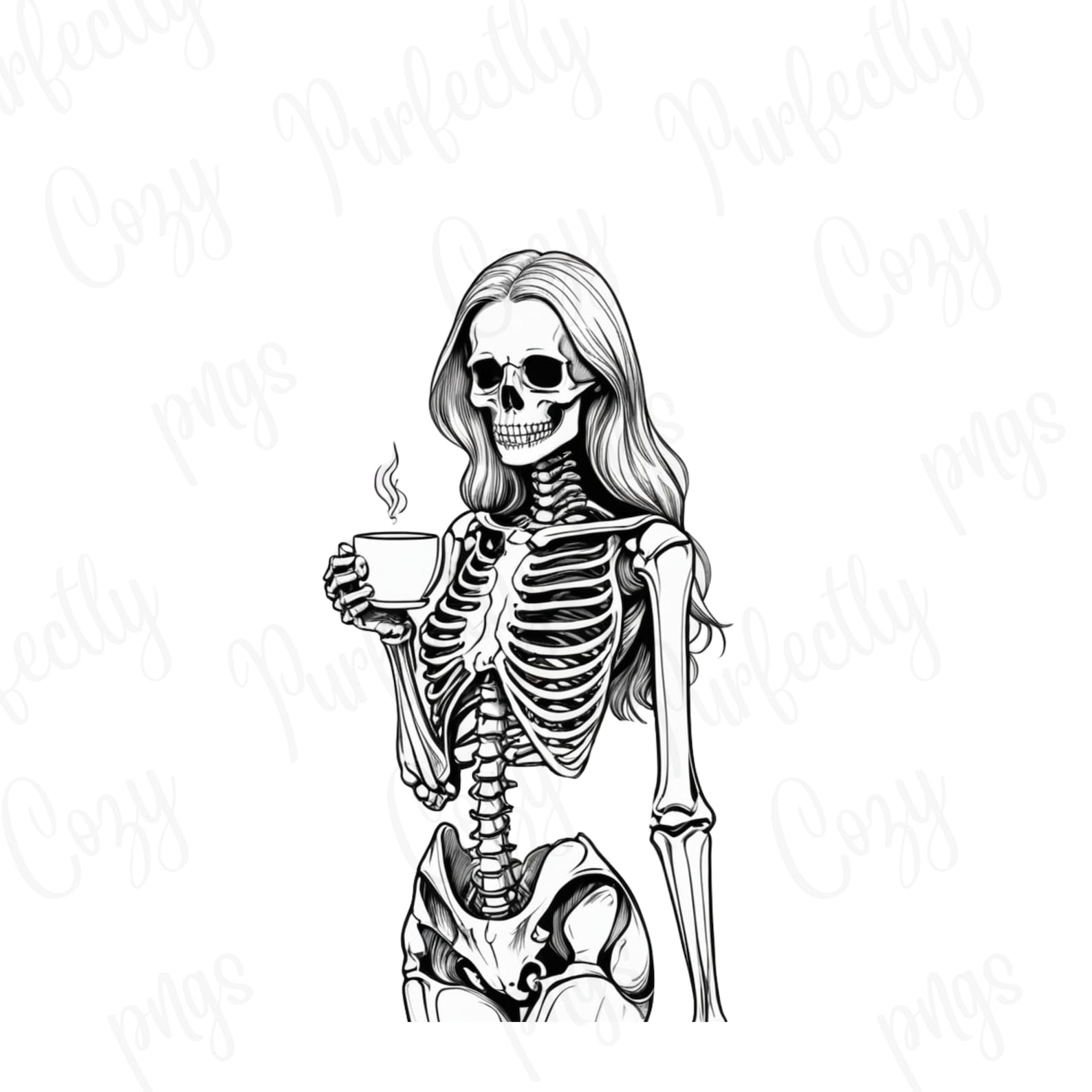 Skeleton Girl Png, Skeleton Coffee Png, Png Design, White and Black ...