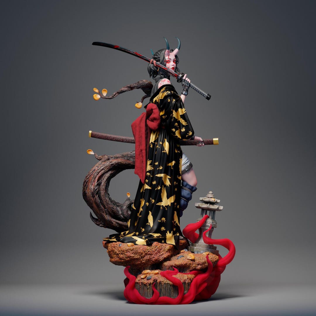 Oni Samurai Demon Girl Figure - Female Warrior With Katana - 3D Printed ...