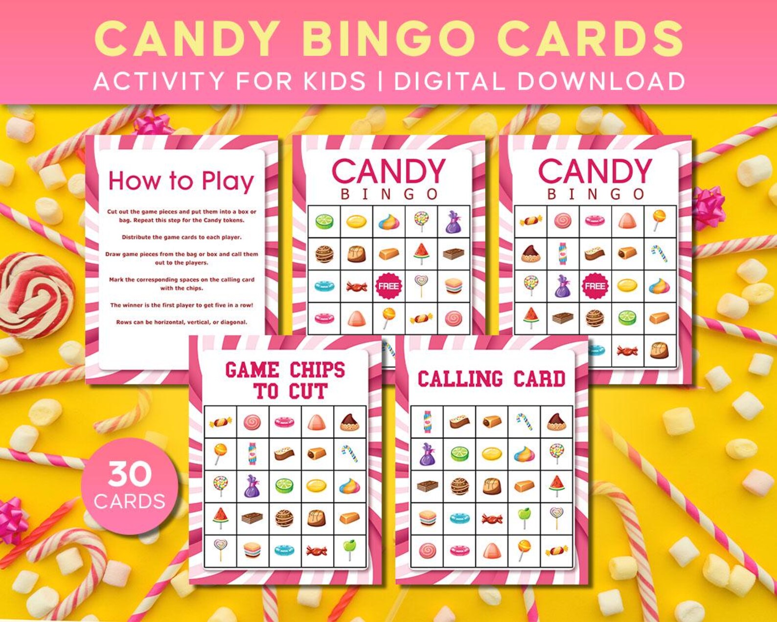 Candy Bingo Game Printable - 30 Unique Candy Bingo Cards With Bonus ...