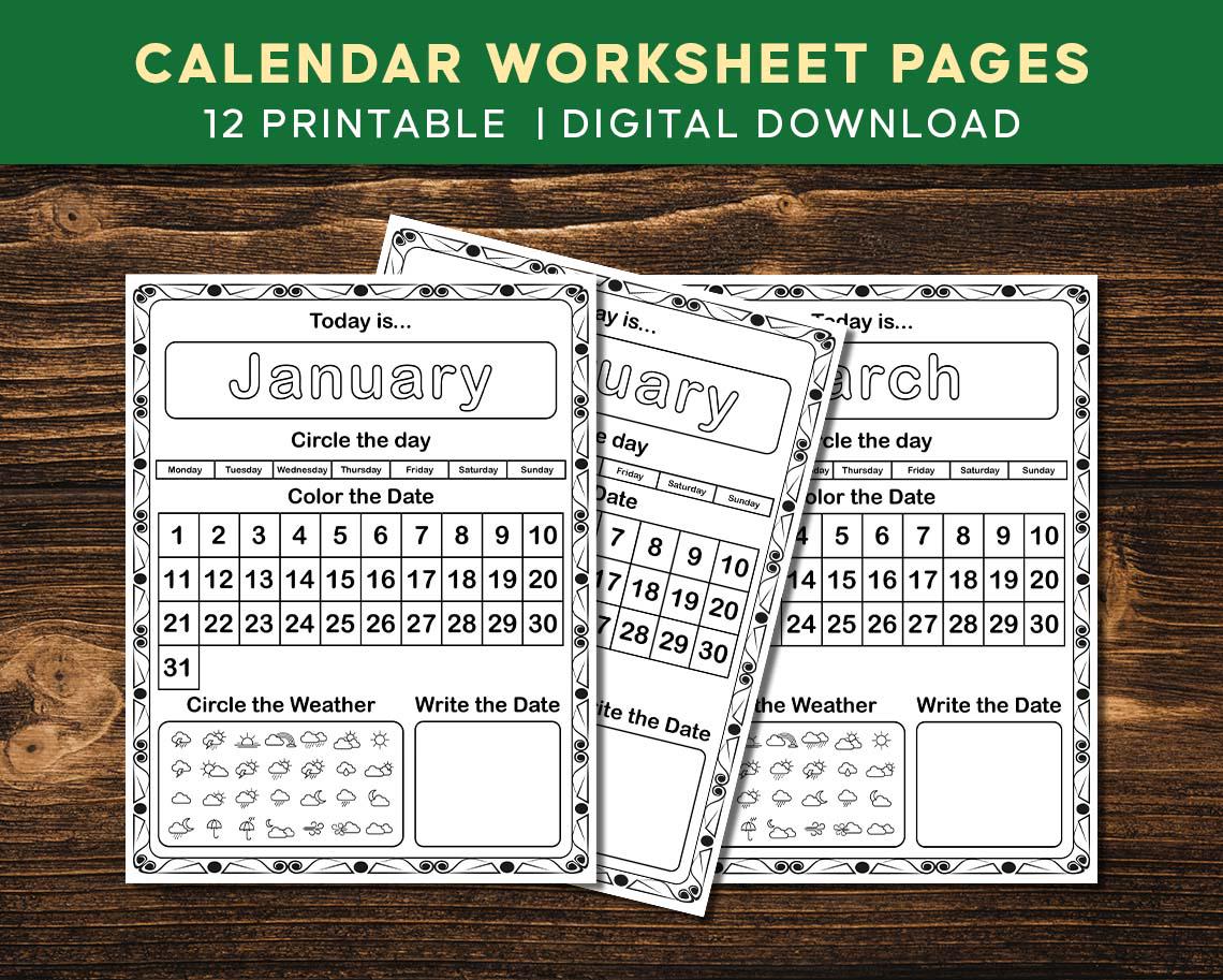 12 Preschool Calendar Worksheet: Month, Day, Date & Weather Practice ...
