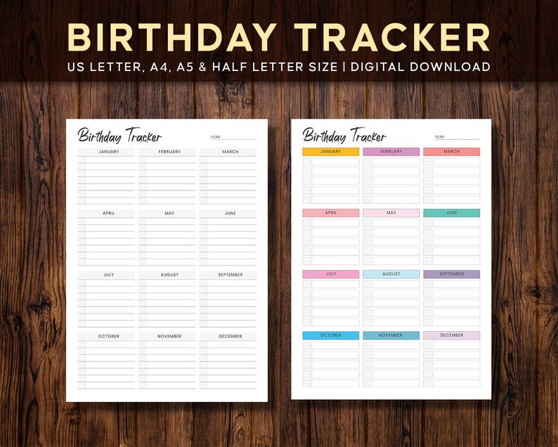 Birthday Tracker | Printable Birthday Calendar | Color & B/W | A4 ...