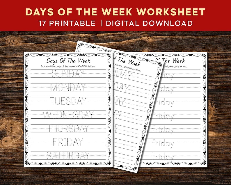 Days of the Week Tracing Worksheets for Kids – Uppercase & Lowercase ...